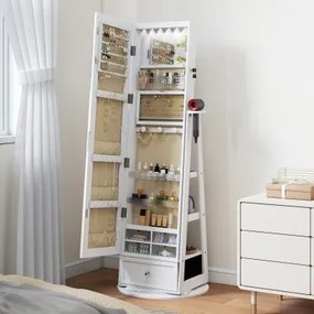 HOMCOM zrcadlo na šperky s LED světlem, šperkovnice s celozrcadlem, 360° otočná, zásuvka, zámek, bílé