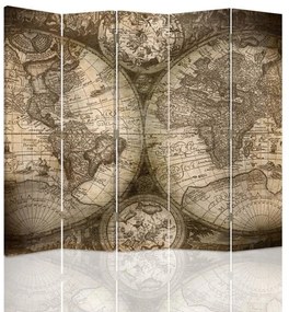 Ozdobný paraván, Starožitná mapa světa - 180x170 cm, pětidílný, obustranný paraván 360°