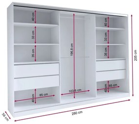 Nejlevnější nábytek Šatní skříň LITOLARIS 280 se zrcadlem, se 6 policemi, 4 šuplíky a 2 šatními tyčemi, bílý mat