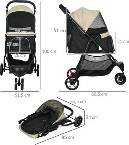 PawHut Kočárek pro psy, skládací, s pláštěnkou, 2 držáky na nápoje, modrý + khaki