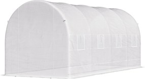 Zahradní tunelová skleník Outsunny s 8 okny a rolovacími dveřmi, kovový rám a polyethylenový kryt, 5x2x2m, bílý