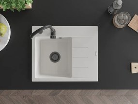 Mexen Ben, 1-komorový granitový dřez 600x500x190 mm, levý + černý sifon, bílá, 6522605000-20-B