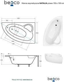 BESCO Asymetrická vana NATALIA Nožičky k vaně - S nožičkami, Rozměr vany - 150 × 100 cm, Způsob provedení - Pravé - VANNAT150P+OLVPINOZ