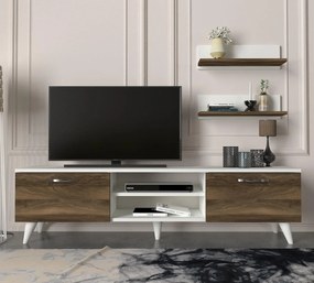 Televizní stolek s policemi BEALTE 150 cm, matná bílá a ořech