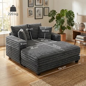 HOMCOM rozkládací pohovka pro 2 osoby s chaise, šedý kordurový potah, polštářky, područky s držáky na nápoje – 134 × 151 × 89 cm