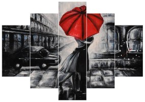 Gario Obraz s hodinami Červený polibek v dešti - 5 dílný Rozměry: 150 x 105 cm