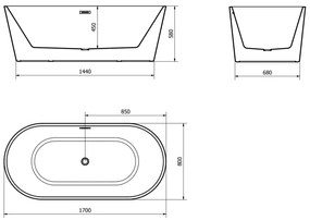 Mexen Luna, volně stojící vana 170 x 80 cm, bílá, chromový přepad, 52031708000-01