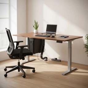 Výškově nastavitelný stůl OfficeTech B, 160 x 80 cm, šedá podnož, ořech