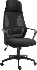 Vinsetto kancelářská židle s nastavitelným opěradlem, područkami, hlavovou opěrkou, kolečky a houpací funkcí, nosnost 120 kg, 64x55x116-126 cm, černá