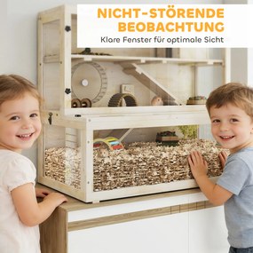 PawHut dřevěná klec pro křečky, 100 × 50 × 84 cm – 3patrový domek pro malé hlodavce s okénkem, běhacím kolem, rampou a domečkem – přírodní dřevo