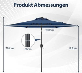 Costway Slunečník 230 cm s LED solárním osvětlením a klikou tmavě