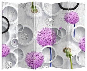 Paraván - 3D abstrakce s kruhy a květinami (210x170 cm)