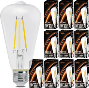 10x LED žárovka E27 6W 660lm 3000k vláknová retro st64