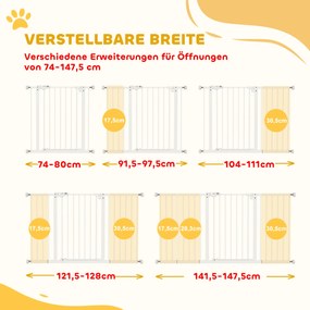 PawHut dveřní bezpečnostní brána pro psy bariérová brána pro domácí mazlíčky 74-147,5 cm psí brána 3 nástavce schodišťová brána bez vrtání kovová bíl…
