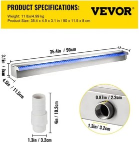 89,9 × 11,4 × 7,9 cm nerezová dekorativní fontána s vodopádem na bazén s LED páskem