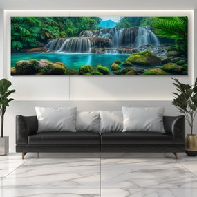 Obraz na plátně - Vodopády s mechovými kameny v džungli FeelHappy.cz Velikost obrazu: 180 x 60 cm