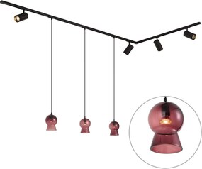 Moderní černý kolejnicový systém se 4 bodovými světly a 3 fialovými závěsnými svítidly 1-fázový - Iconic Bell Jeana Luxe