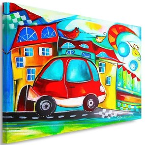 Obraz na plátně Barevné město Červené auto - 90x60 cm