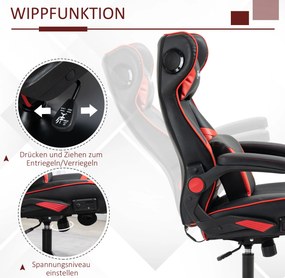 Výškově nastavitelná herní židle Vinsetto s ergonomickou houpací funkcí, reproduktory, bederní a krční opěrkou z umělé kůže | Aosom.de
