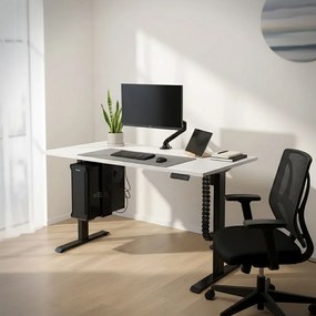 Výškově nastavitelný stůl OfficeTech B, 140 x 80 cm, černá podnož, bílý jasan
