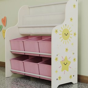AIYAPLAY regál na hračky se 6 látkovými zásuvkami a dvouúrovňovým regálem na knihy, z dřeva a oceli, 63x30x71 cm, růžová