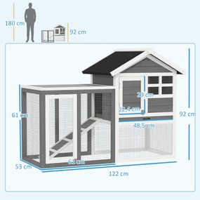 Klec pro králíky PawHut z borovicového dřeva 122 x 62,6 x 92 cm – vnitřní a venkovní, s odnímatelným dnem a rampou, šedá + černá + bílá