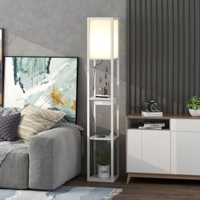 HOMCOM Stojací lampa s 3stupňovou policí, nožní spínač, USB porty, MDF, bílá