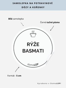 RÝŽE BASMATI – bílá samolepka na dózu, tučné písmo, 5 cm | DomaLEP