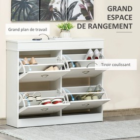 HOMCOM Skříň na boty Úložná jednotka na boty rozměry 98D x 24Š x 83V cm 4 výklopné dvířka Dvojitá úroveň MDF Bílá