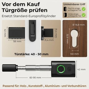 HOMCOM Chytrý dveřní válec, 5 v 1 s otiskem prstu, kódem, aplikací, NFC kartou a klíčem, společný přístup, Bluetooth válec