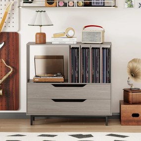 Costway Stojan na gramofon s 4 vinylovými přihrádkami a 2 zásuvkami