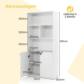 Costway 5patrová knihovna s dvoukřídlými dveřmi 155 cm vysoká stojící police