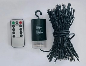 LED světýlka na baterie, venkovní, 10,2 m, teple bílá, 100 diod, tmavě zelný kabel, IP44, 4×AA