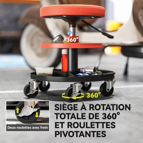 HOMCOM Pojezdný pracovní stolička, mechanická stolička s nastavitelnou výškou 40-51 cm, 2 odkládací plochy na nástroje, otáčecí sedadlo s max. zatíže…