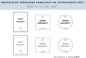 MONIN KOKOSOVÝ - omyvatelná samolepka na dózu, výběr rozměrů Ø 5 cm / 5 x 5 cm / 6 x 8 cm | DomaLEP tvar: OBDÉLNÍK, barva: PRŮHLEDNÁ - ČERNÉ písmo, velikost: š. 6 cm x v. 8 cm - tučné písmo