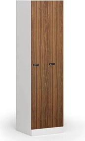 Zúžená kovová šatní skříňka S1, 2 oddíly, 1850 x 500 x 500 mm, demont, mechanický kódový zámek, laminované dveře, ořech