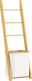 HOMCOM Koupelnový regál, 2-v-1, s 3 tyčemi, odnímatelný koš na prádlo 48 l, bambus, 43 x 35 x 133 cm, krémově bílý