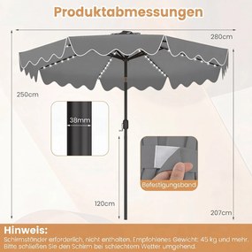Costway Slunečník 270 cm s LED solárním osvětlením Větruodolný s 8 žebrováním