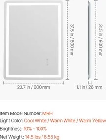 LED koupelnové zrcadlo 3 barvy proti zamlžování nástěnné toaletní zrcadlo 60 × 80 cm