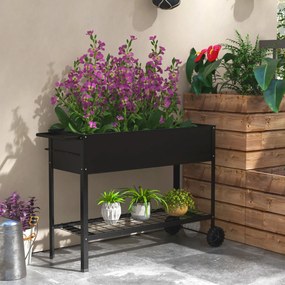 Metalová pěstební miska Outsunny se stojanem a policí 104L x 39Š x 80V cm 2 kola + zavlažovací vložka Černá