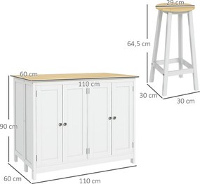 HOMCOM Kuchyňský Islandový Vozík se 2 Stoličkami, Sada Barového Stolu a Stoliček s Sklopným Pracovním Pultem, 2 Skříně s 4 Dveřmi, Moderní Design, Bíl