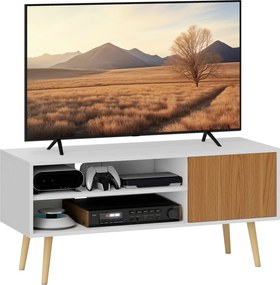HOMCOM Moderní TV stolek pro obývací pokoj s 2 otevřenými policemi, 1 dvířky a otvorem na kabely pro TV do 55 palců 110x40x50cm Bílá a přírodní | Aoso