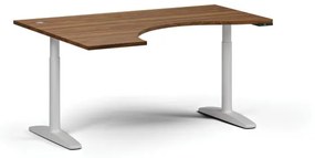 Výškově nastavitelný stůl OBOL, elektrický, 675-1325 mm, ergonomický levý, deska 1600x1200 mm, bílá zaoblená podnož, ořech