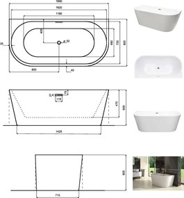Besco Vica New vana volně stojící 170 x 80 cm sifon černý akrylát barva bílá VANVIC170NB Koupelny Bernold