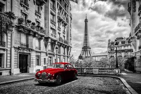 Samolepící fototapeta červené retro auto v Paříži - 225x150 cm