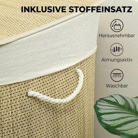 HOMCOM bambusový koš na prádlo s víkem, 144 l, 3 přihrádky, vyjímatelné pratelná vložka, madla, 60×40×60 cm, krémový