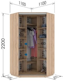 Šatní skříň rohová CORA 110/220 cm, dub artisan a zrcadlo