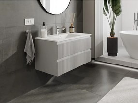 Mexen Rivel, koupelnová skříňka 90 cm s umyvadlem Otis, 2 zásuvky, drážkovaná, šedá matná/bílá, 91A20-09047-2-BFF62-W18M01