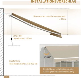 Outsunny ruční markýza se sklopným ramenem Markýza 4 m s ruční klikou Balkonová markýza Ochrana před sluncem Balkonová nástěnná markýza Hliník Bílá+B…