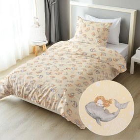 Biante Dětské bavlněné ložní povlečení Sandra SA-670 Šedo-hnědé mořské panny s delfíny na žlutobéžovém Jednolůžko 140x200 a 70x90 cm